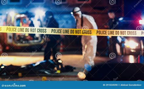 Close Up Shot Focused On Yellow Tape Showing Text Police Line Do Not