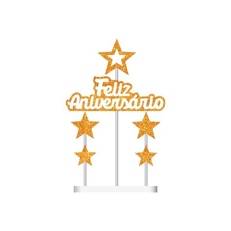 Topo de Bolo Feliz Aniversário Dourado Glitter