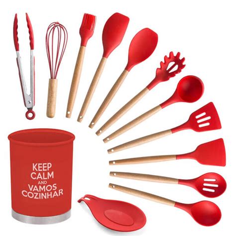 Kit Utensílios De Silicone Cozinha Cabo Madeira E Copo Vermelho