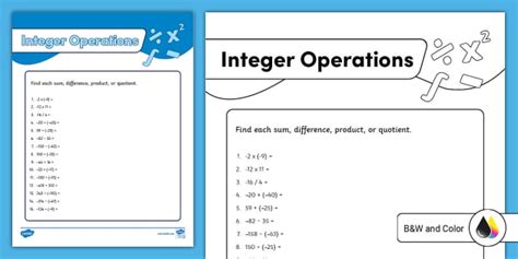Seventh Grade Integer Operations Activity Worksheet Twinkl