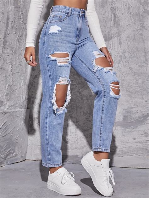 SHEIN EZwear High Waist Straight Leg Ripped Jeans SHEIN UK