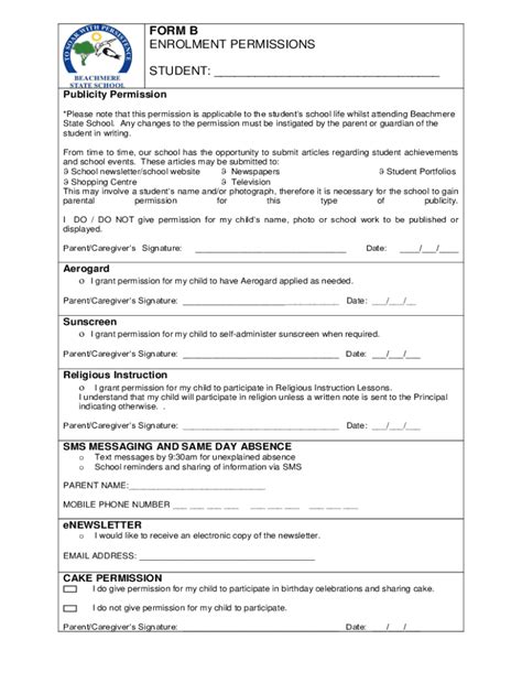 Fillable Online FORM B ENROLMENT PERMISSIONS STUDENT Fax Email Print