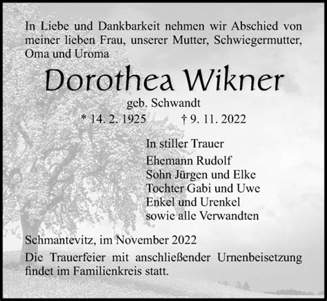 Traueranzeigen Von Dorothea Wikner Trauer Anzeigen De