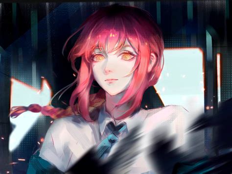 Redhead Braids Looking At Viewer Makima Chainsaw Man Chainsaw Man Anime Girls Yellow