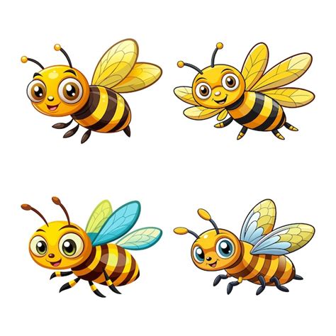 Un Conjunto De Cuatro Estilo De Dibujos Animados Feliz Abeja Voladora