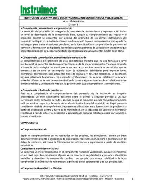 Área Matemáticas Grado 8 INSTITUCION EDUCATIVA LICEO DEPARTAMENTAL