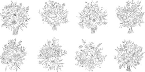 Ramo De Flores Arte Lineal Conjunto Floral En Blanco Y Negro Paquete