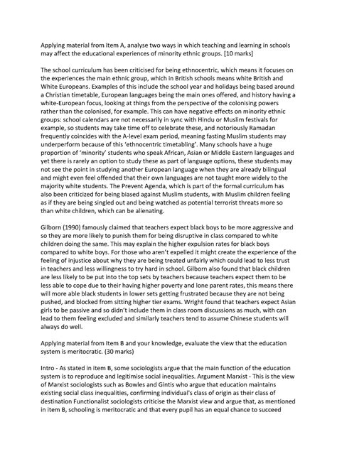 Sociology 10 20 And 30 Markers Applying Material From Item A