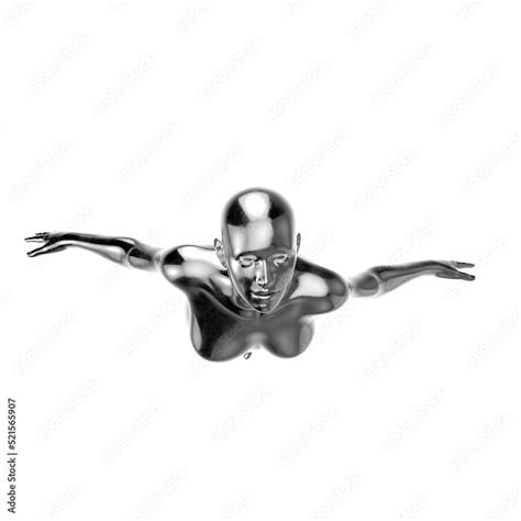 Metallic Glossy Naked Woman Mannequin In A Freedom Pose Looking Up With