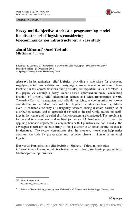 fuzzy multi objective stochastic programming model for disaster relief logistics considering