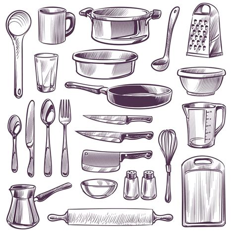 Kitchen Utensils Sketch Cooking Tools Pan Knife And Fork Spoon And