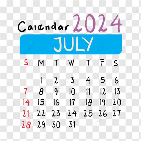 Calendário Mensal De Julho De 2024 Vetor PNG Julho 2024 Calendário