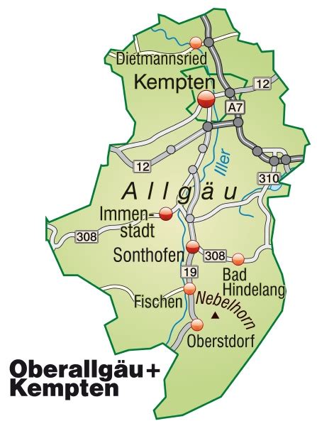 Karte von Oberallgaeu mit Verkehrsnetz in Pastellgrün Lizenzfreies