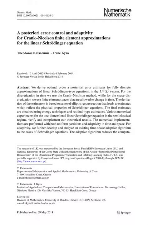 pdf a posteriori error control and adaptivity for crank nicolson finite element approximations