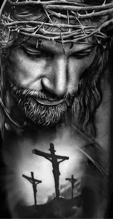 Black And White Image Of Jesus Christ On Cross Large Head With Crown