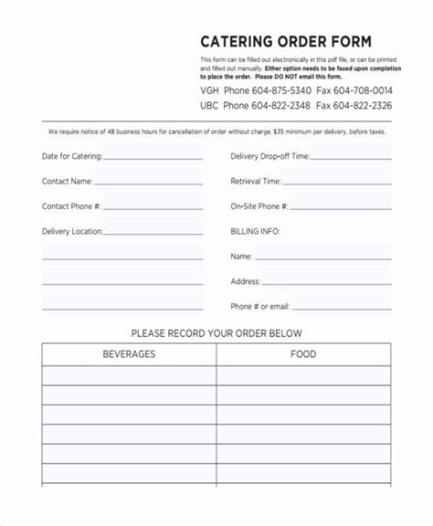 Catering Order Form Template Word