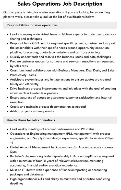 Sales Operations Job Description Velvet Jobs