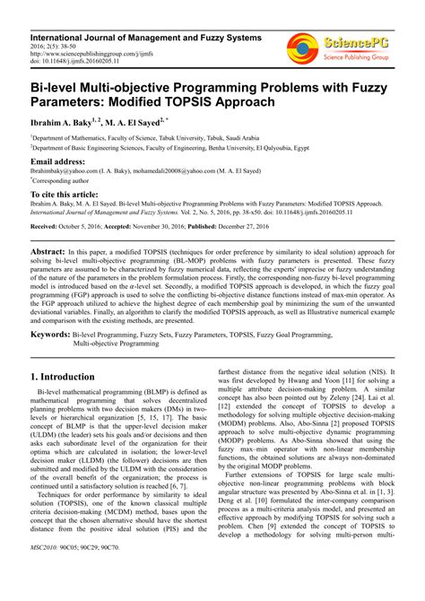 pdf bi level multi objective programming problems with fuzzy parameters modified topsis approach