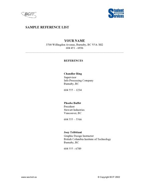 Professional Reference List Templates Free