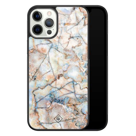Hoesje IPhone 12 Pro Met Glazen Achterkant Marmer Bruin Blauw