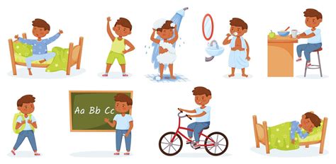 dibujos animados pequeño chico diario rutina Mañana y noche actividades