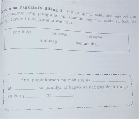 Gawain Sa Pagkatuto Bilang 5 Punan Ng Mga Salita Ang Mga Patlang Upang