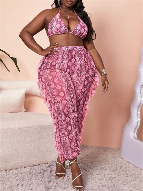 SHEIN Swim Vcay Plus Snakeskin Print Bikini Set Halter Bra High Cut