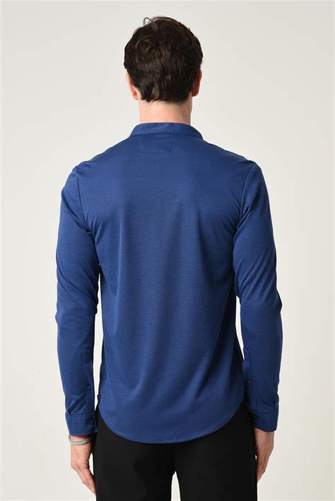 Antioch Saks Mavisi Erkek Hakim Yaka Gizli Düğme Uzun Kollu Slim Fit Gömlek