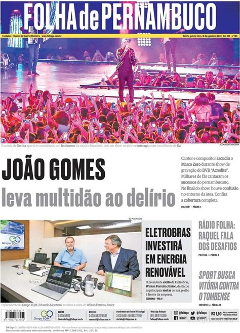 Capa Folha de Pernambuco Edição Quinta 18 de Agosto de 2022
