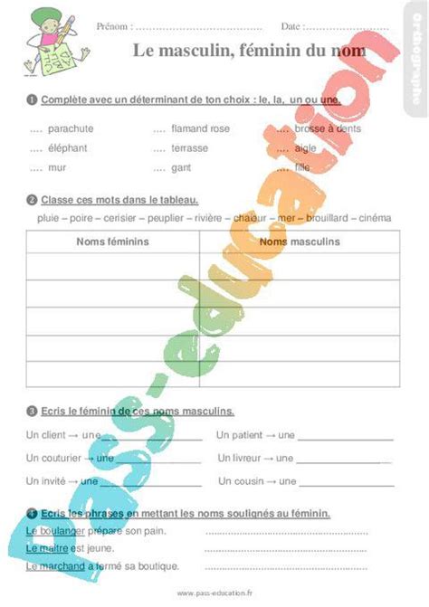 Le masculin et le féminin du nom Ce1 Étude de la langue Exercices