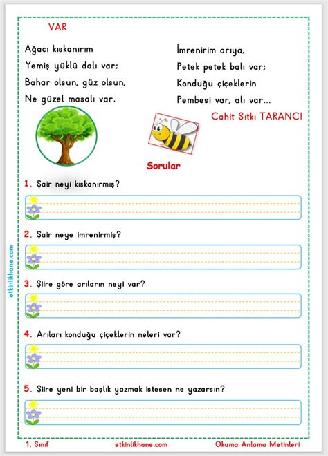 1 Sınıf Okuma Anlama Metni 7 Var Şiiri Okuma Okuduğunu anlama Sınıf