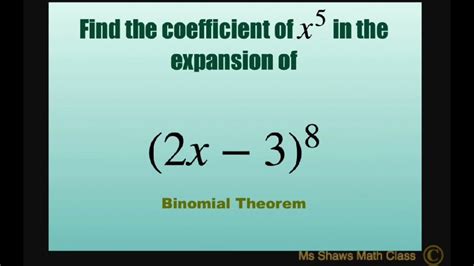 find the coefficient of x 5 in the binomial expansion of 2x 8 8 youtube