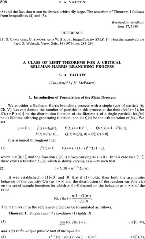 a class of limit theorems for a critical bellman harris branching process theory of
