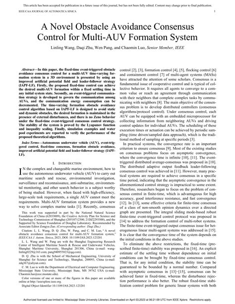 pdf a novel obstacle avoidance consensus control for multi auv formation system