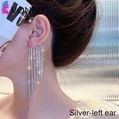 Kaufe 1 STÜCK Luxus Glänzender Zirkon Strass Lange Quaste Ohrclip