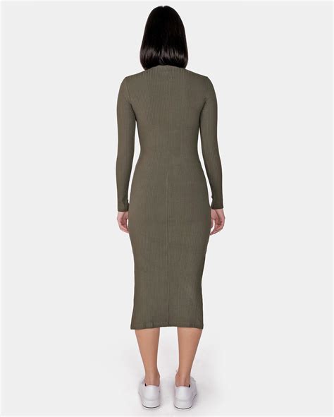 Riachuelo Vestido Midi Feminino Reto Manga Longa Malha Canelada Verde