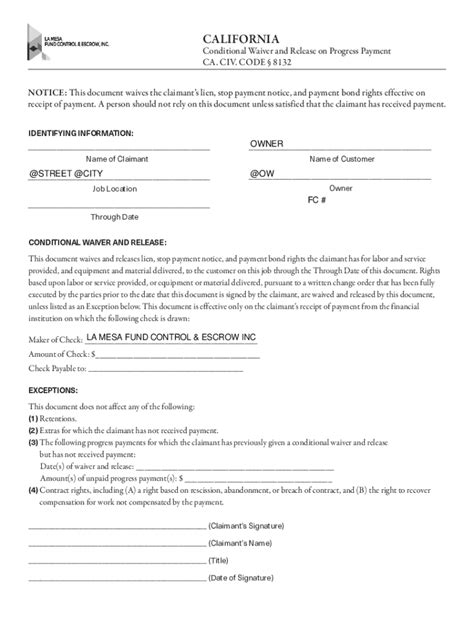 Fillable Online Get The Free CONDITIONAL WAIVER AND RELEASE ON Fax