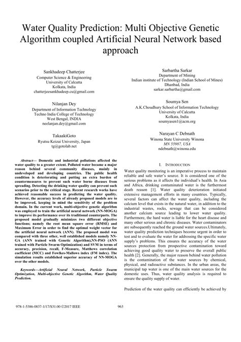 pdf water quality prediction multi objective genetic algorithm coupled artificial neural
