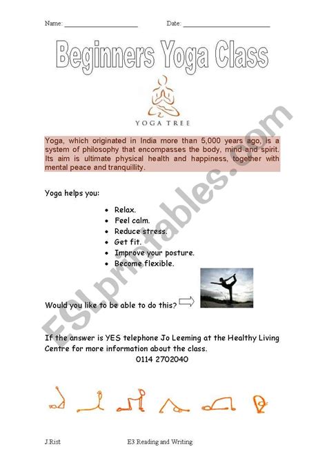 English Worksheets Beginners Yoga Class