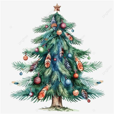 árbol De Navidad Acuarela Con Adornos Y Plumas PNG dibujos Acuarela