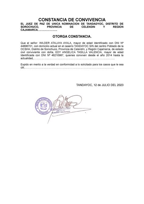 Declaracion Jurada DE UN JUEZ CONSTANCIA DE CONVIVENCIA EL JUEZ DE