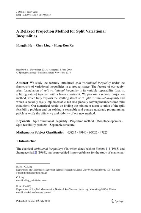 pdf a relaxed projection method for split variational inequalities