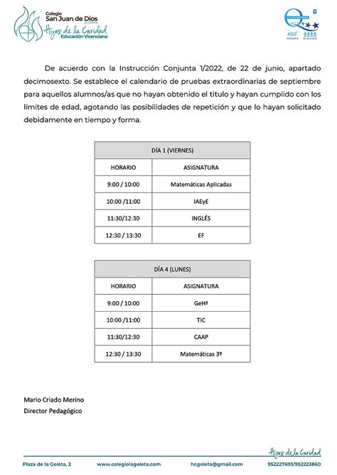 Calendario De Pruebas Extraordinarias De Septiembre