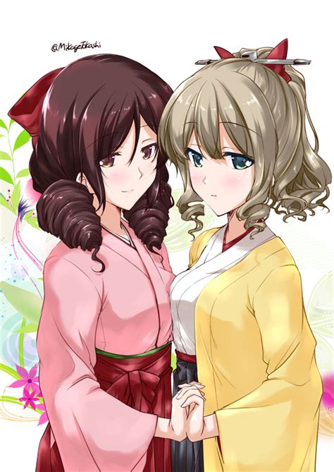 Safebooru 10s 2girls Asymmetrical Docking Black Hakama Blue Eyes Bow Breast Press Brown Hair