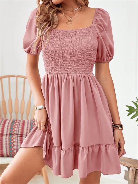Square Neck Shirred Puff Sleeve Ruffle Hem Dress In 2024 Cute Dress