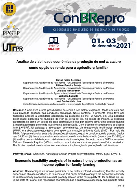 PDF Análise de viabilidade econômica da produção de mel in natura