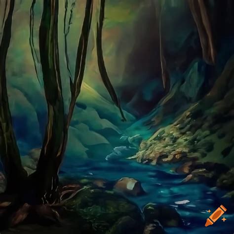 Detailed Painting Of A Mountain Valley With A River On Craiyon
