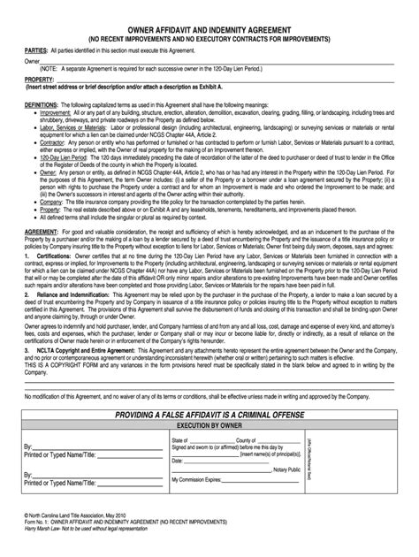 Fillable Online Owner Affidavit Indemnity Agreement No Recent