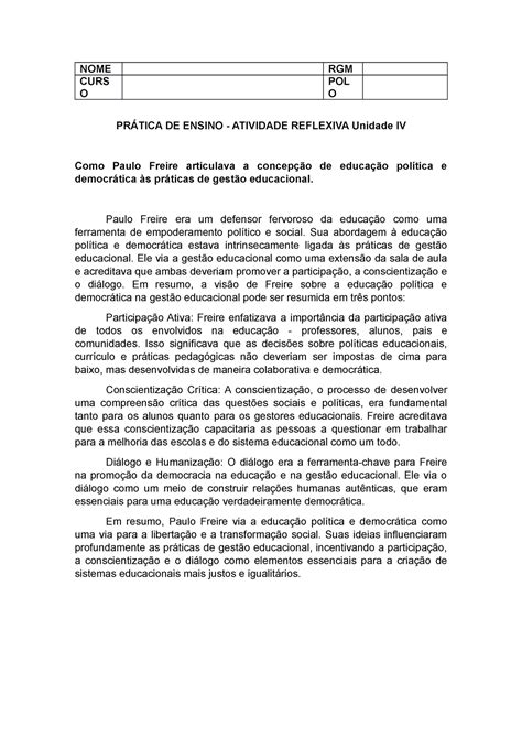 Template Atividade IV Prática de Ensino docx Gestão 3 NOME RGM CURS