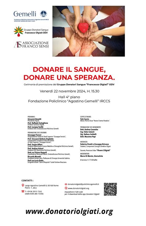 Il 22 si può donare il sangue al policlinico Gemelli Associazione L